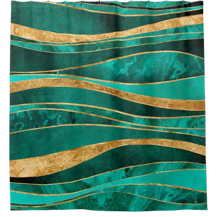 Emerald Green Gold Metallic Wavy Abstract Shower Curtain | Zazzle