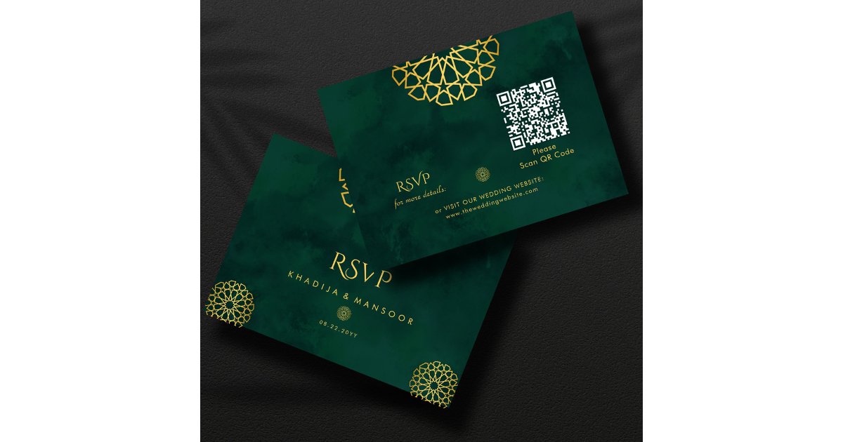 Emerald Green Gold Ornate QR code Wedding RSVP Enclosure Card | Zazzle