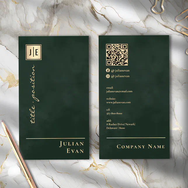 Emerald Green & Gold Scannable QR Code Monogram Business Card | Zazzle