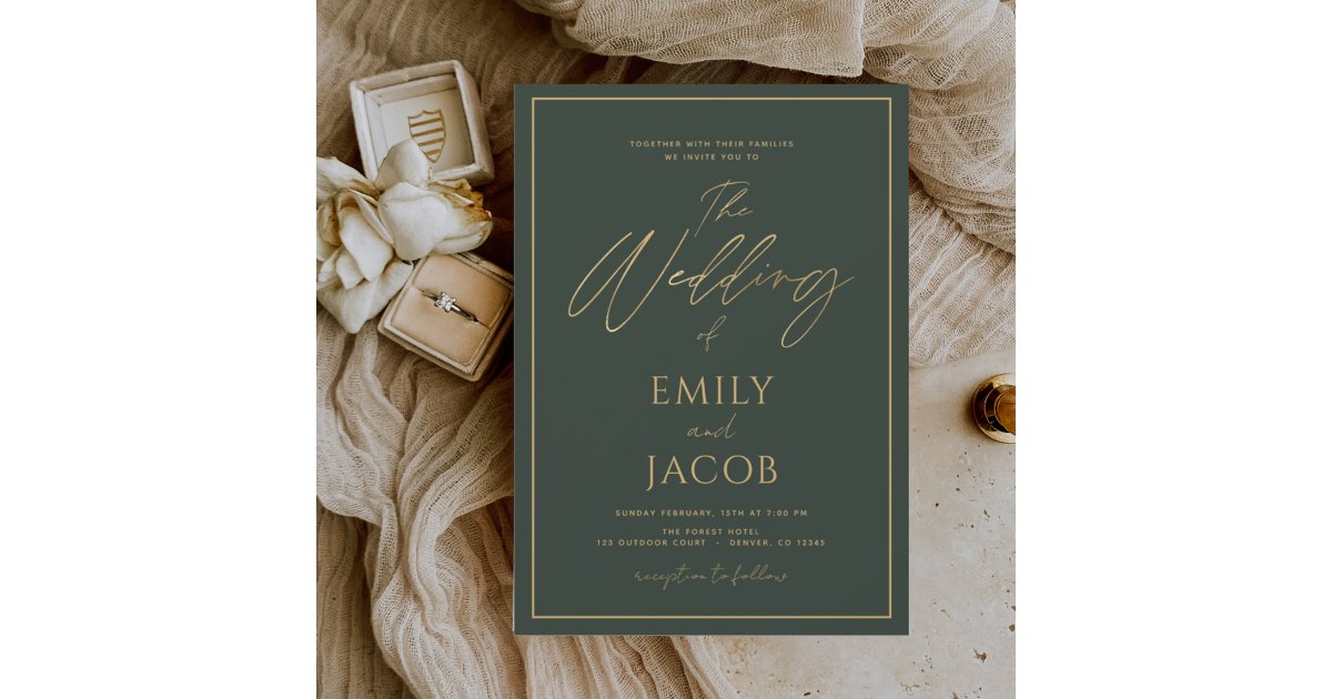 Emerald Green Gold Wedding Modern Script Invitation | Zazzle