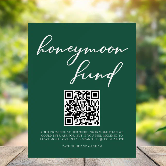 Emerald Green Honeymoon Fund Wedding QR Code Foam Board | Zazzle