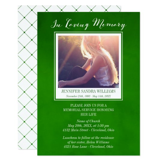 Emerald Green In Loving Memory Photo Memorial Invitation | Zazzle.com