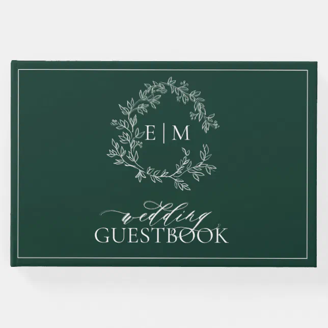 Emerald Green Leafy Crest Monogram Wedding Guest Book | Zazzle