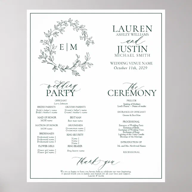 Emerald Green Leafy Crest Monogram Wedding Program Poster | Zazzle