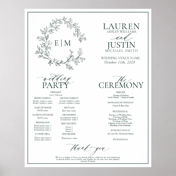 Emerald Green Leafy Crest Monogram Wedding Program Poster | Zazzle