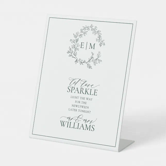 Emerald Green Leafy Monogram Let Love Sparkle Pedestal Sign | Zazzle