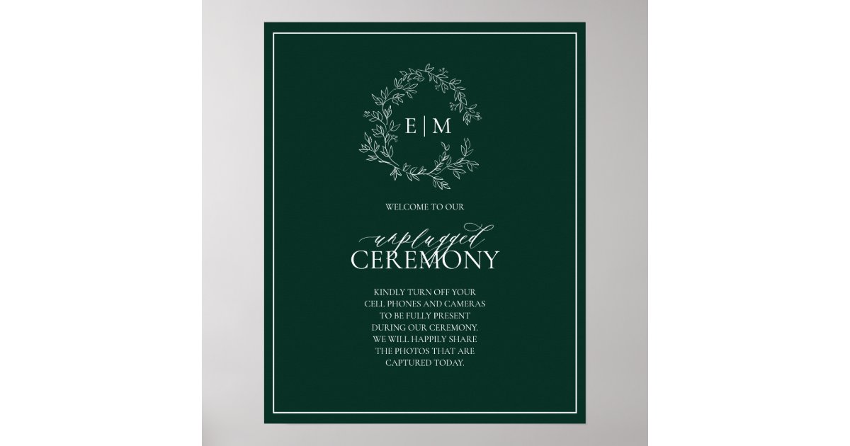 Emerald Green Leafy Monogram Unplugged Wedding Poster | Zazzle