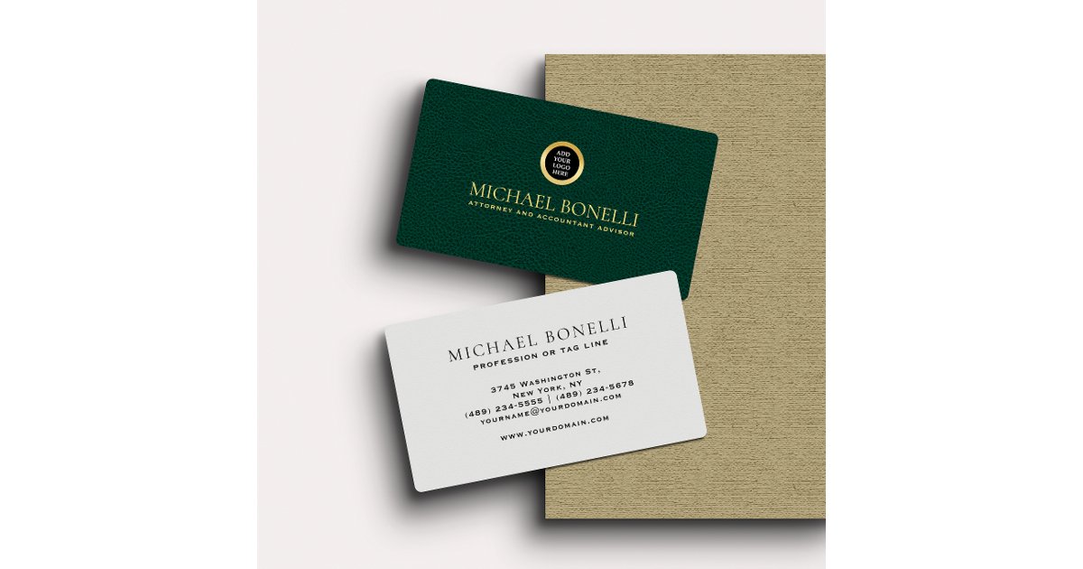 Emerald green Leather Professional Round Gold Logo Business Card | Zazzle