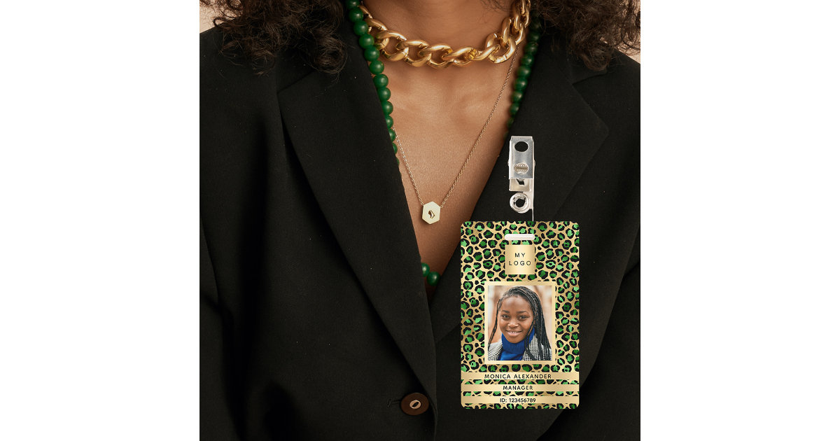 Emerald green leopard photo business corporate badge | Zazzle