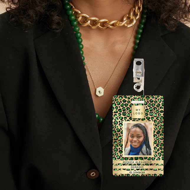 Emerald green leopard photo business corporate badge | Zazzle