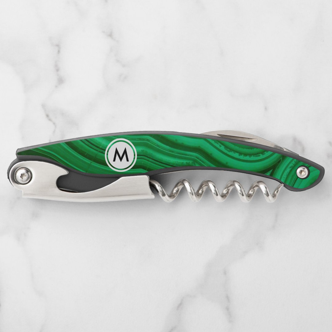Emerald Green Malachite Texture with Monogram Waiter's Corkscrew | Zazzle