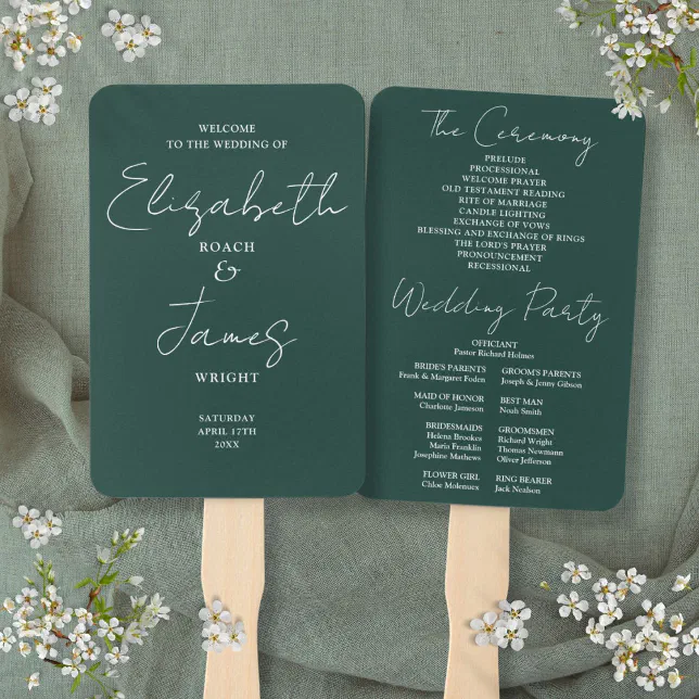 Emerald Green Minimalist Script Wedding Program Hand Fan | Zazzle
