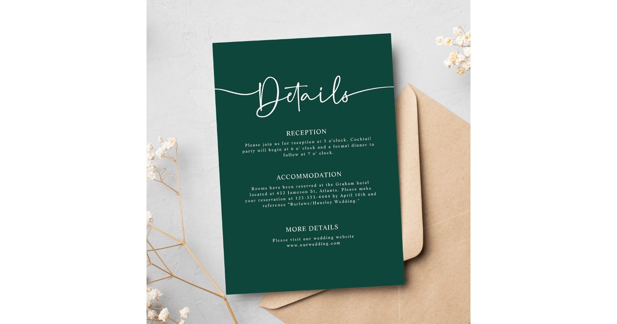 Emerald Green Modern Minimal Calligraphy Wedding Enclosure Card | Zazzle
