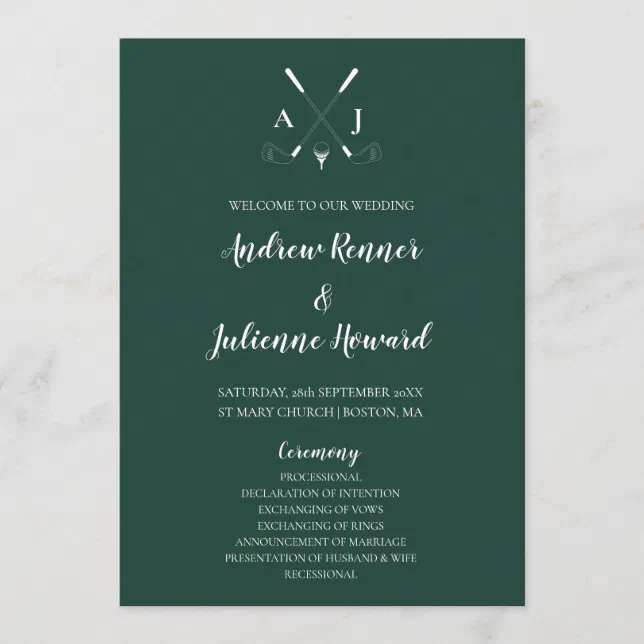 Emerald Green Modern Minimalist Golf Wedding Program | Zazzle