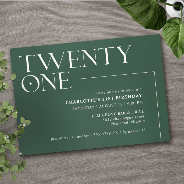 Emerald Green | Modern Simple 21st Birthday Party Invitation | Zazzle