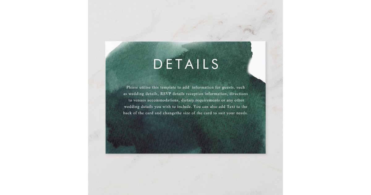 Emerald Green Modern Watercolor Wedding Details Enclosure Card | Zazzle