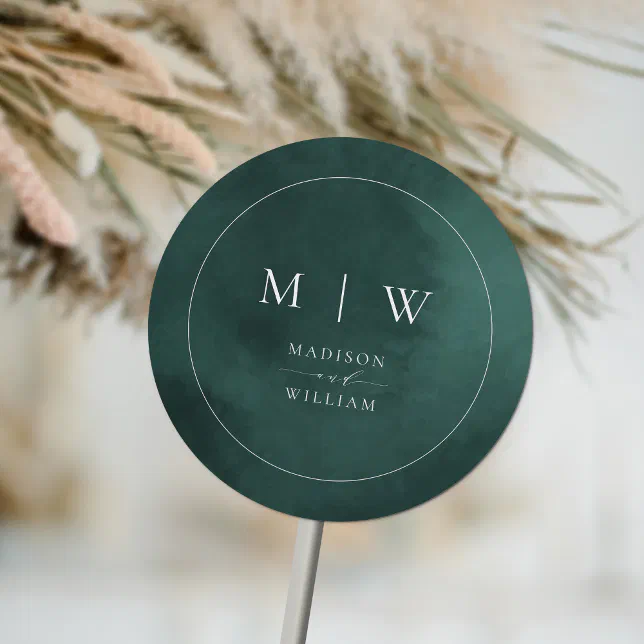 Emerald Green Monogram & Border Elegant Wedding Classic Round Sticker ...