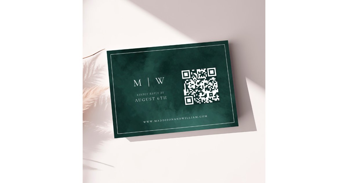 Emerald Green Monogram & Border QR Code Wedding RSVP Card | Zazzle