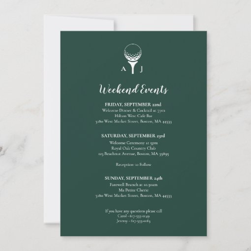 Emerald Green Monogram Golf Wedding Welcome Note Invitation | Zazzle