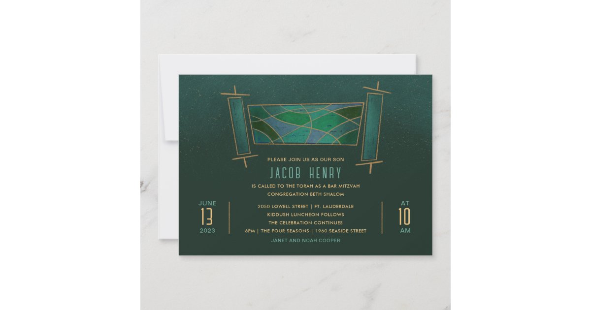 Emerald Green Mosaic Torah Scroll Bar/Bat Mitzvah Invitation | Zazzle