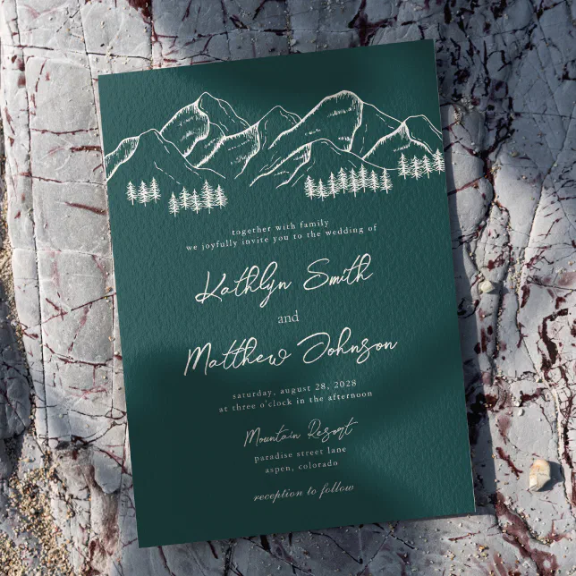Emerald Green Mountain Pine Tree Outdoor Wedding Invitation | Zazzle