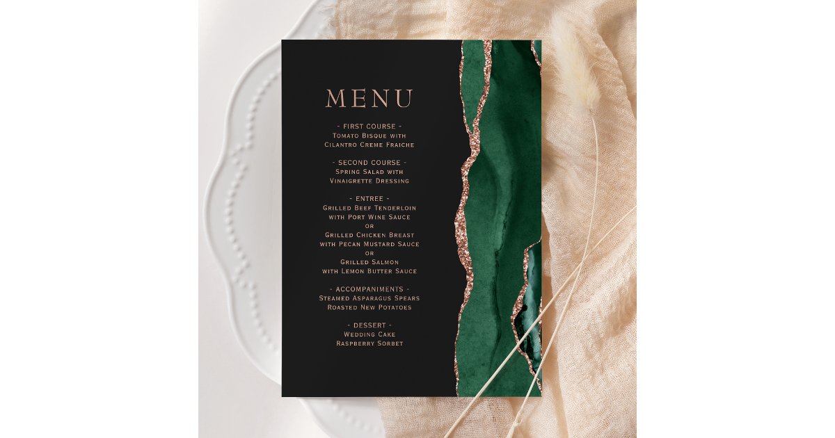 Emerald Green Rose Gold Agate Dark Wedding Menu | Zazzle