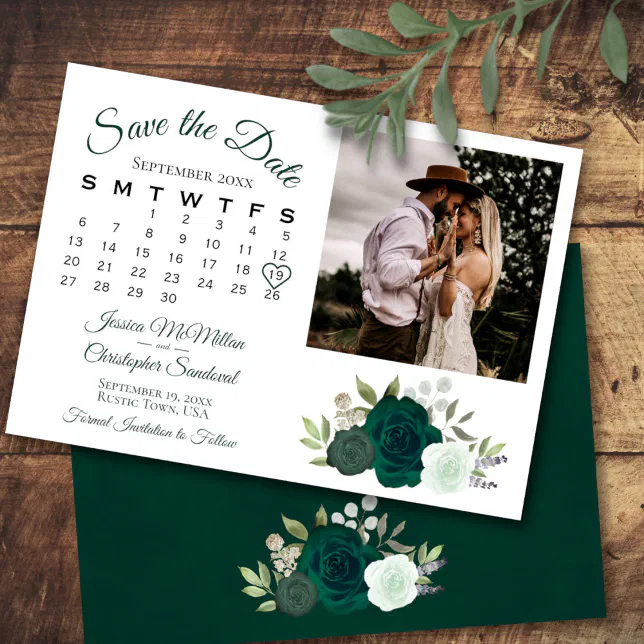 Emerald Green Roses Wedding Calendar & Photo Save The Date | Zazzle
