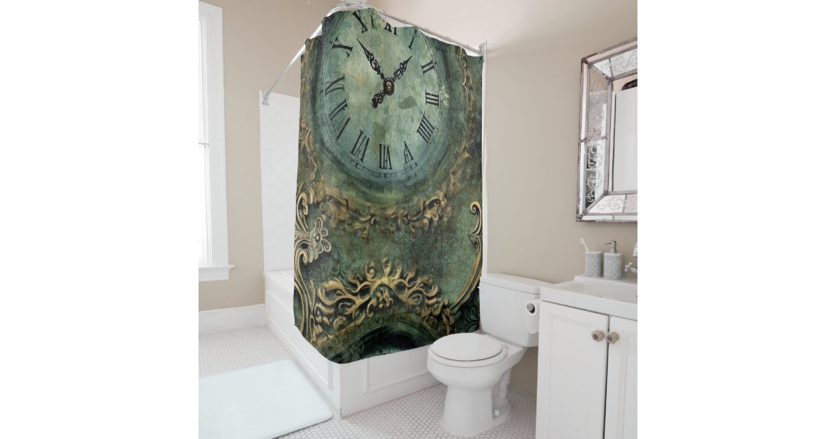 Emerald Green Rustic Steampunk Clock (1) Shower Curtain | Zazzle