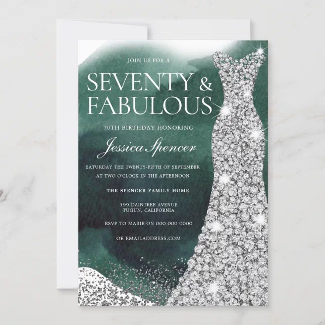 Emerald Green & Silver Dress 70th Birthday Party Invitation | Zazzle