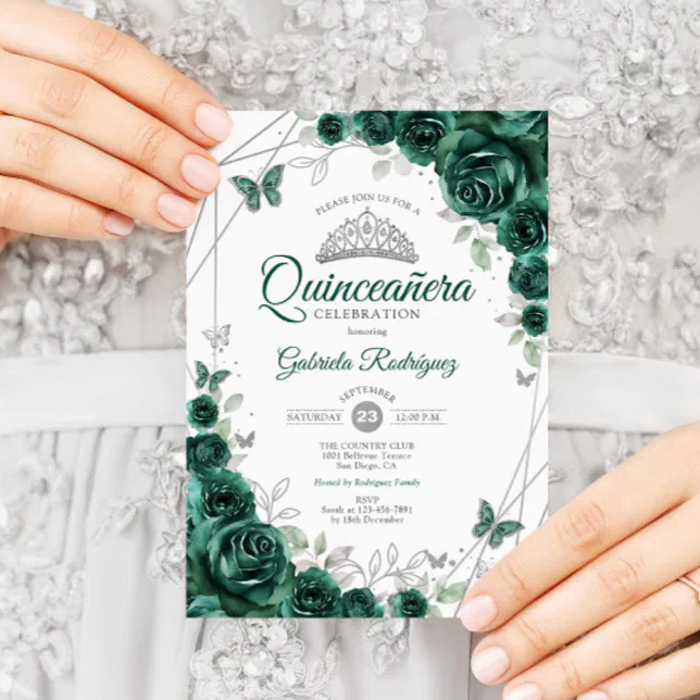 Emerald Green Silver Floral Quinceanera Invitation | Zazzle