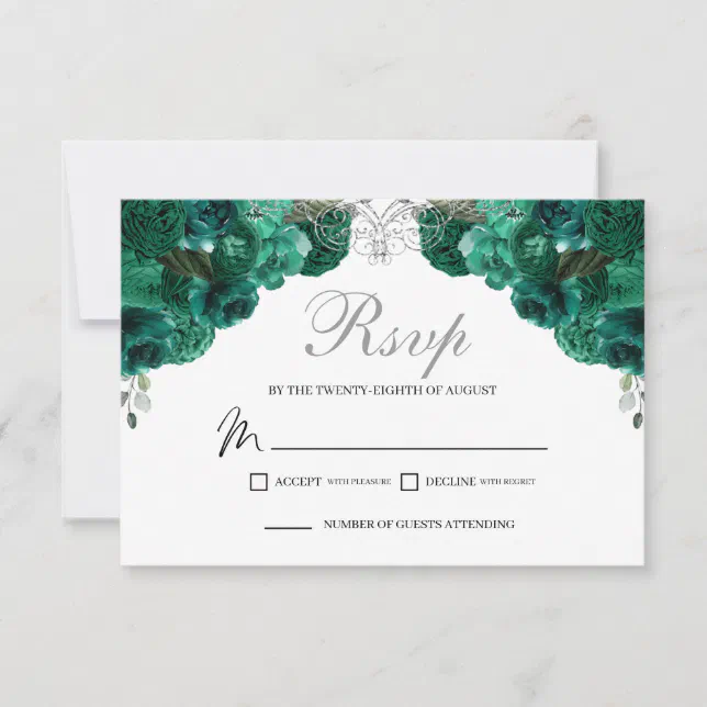 Emerald Green & Silver Floral RSVP Enclosure Card | Zazzle