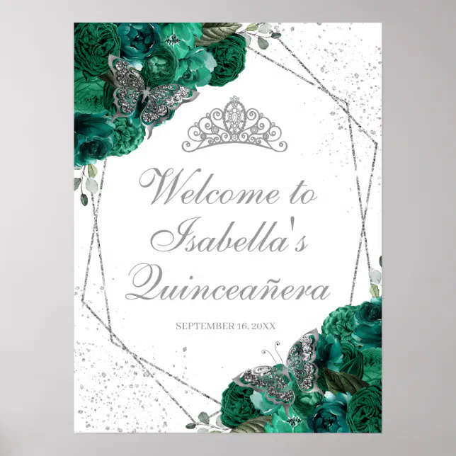 Emerald Green & Silver Tiara Quinceanera Poster | Zazzle