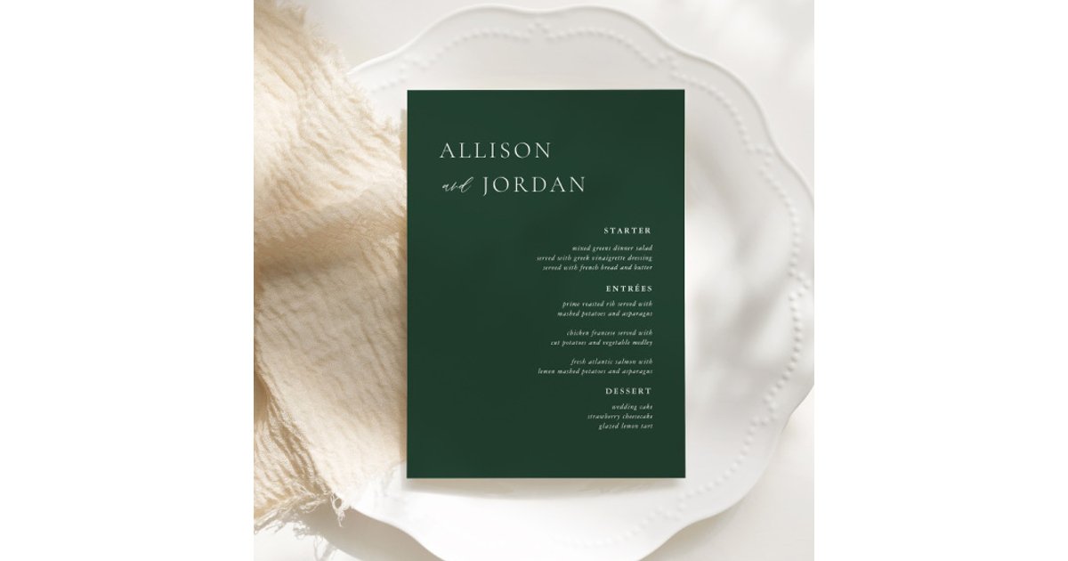 Emerald Green Simple Wedding Dinner Party Menus | Zazzle