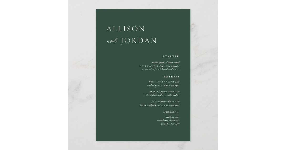Emerald Green Simple Wedding Dinner Party Menus | Zazzle
