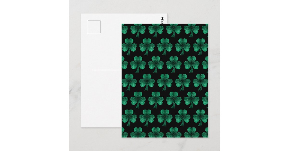 Emerald Green Sparkles Shamrock pattern black Postcard | Zazzle
