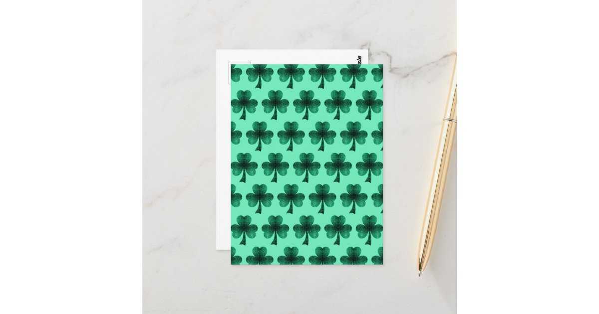 Emerald Green Sparkles Shamrock pattern turquoise Postcard | Zazzle