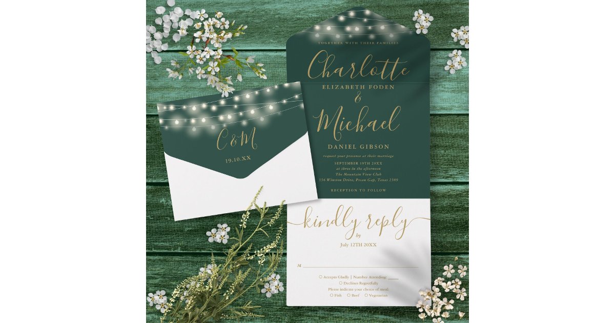 Emerald Green String Lights Gold Script Wedding All In One Invitation ...