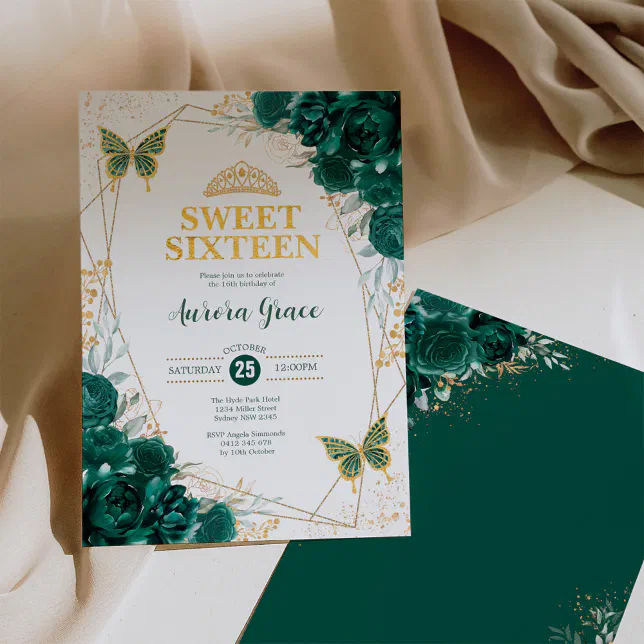 Emerald Green Sweet 16 Butterflies Geometric Party Invitation | Zazzle