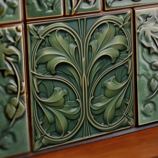 Emerald Green Wall Decor Art Nouveau Ceram Ceramic Tile | Zazzle