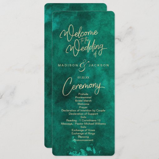Emerald Green Watercolor & Gold Wedding Program | Zazzle
