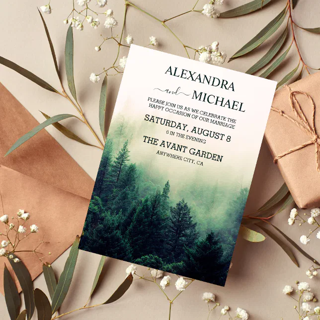 Emerald Green Watercolor Pine Tree Wedding Invitation | Zazzle