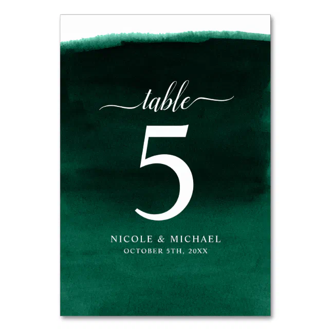 Emerald Green Watercolor Wedding Table Number | Zazzle