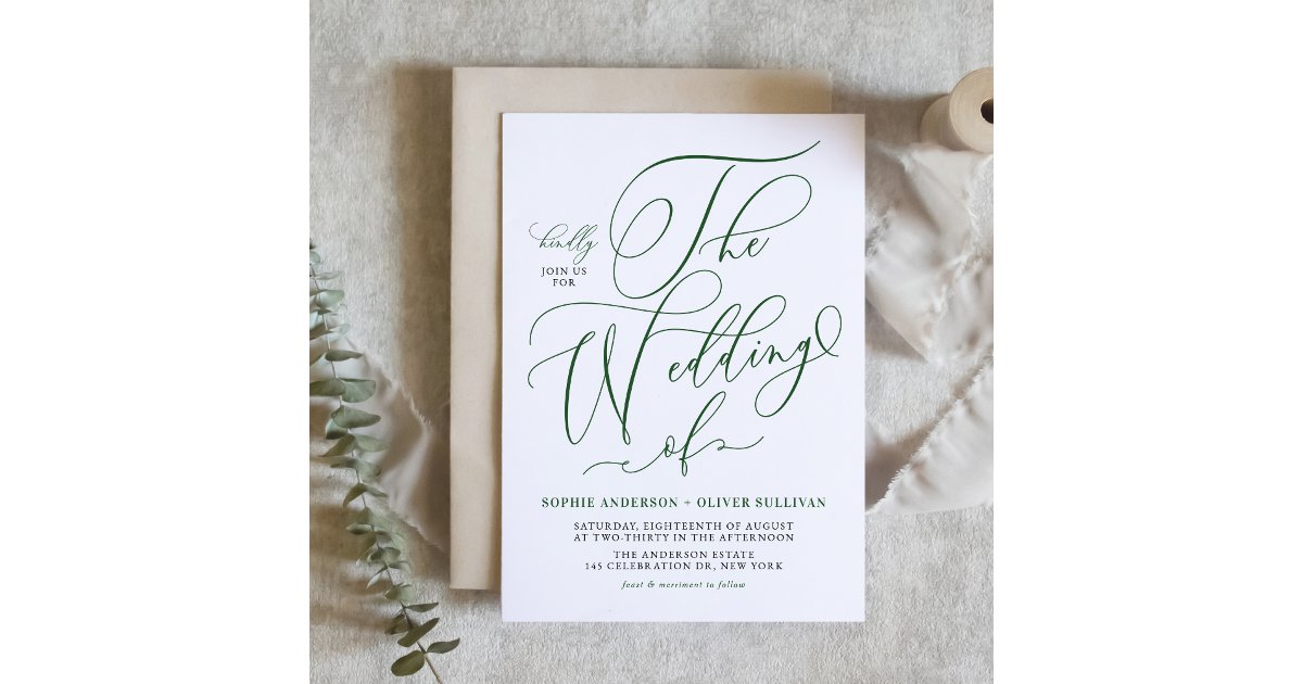 Emerald Green Whimsical Calligraphy Wedding Invitation | Zazzle