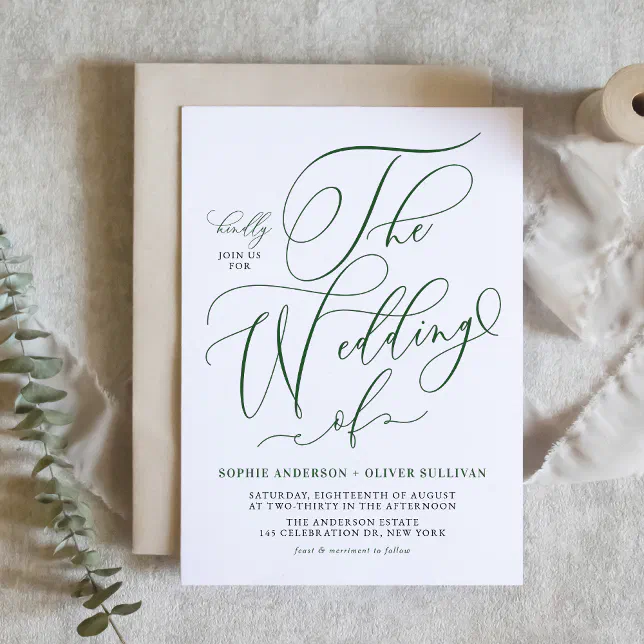 Emerald Green Whimsical Calligraphy Wedding Invitation | Zazzle