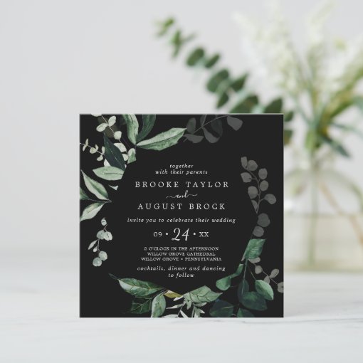 Emerald Greenery | Black Square Wedding Invitation | Zazzle