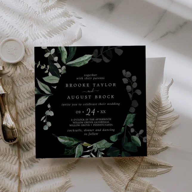 Emerald Greenery | Black Square Wedding Invitation | Zazzle