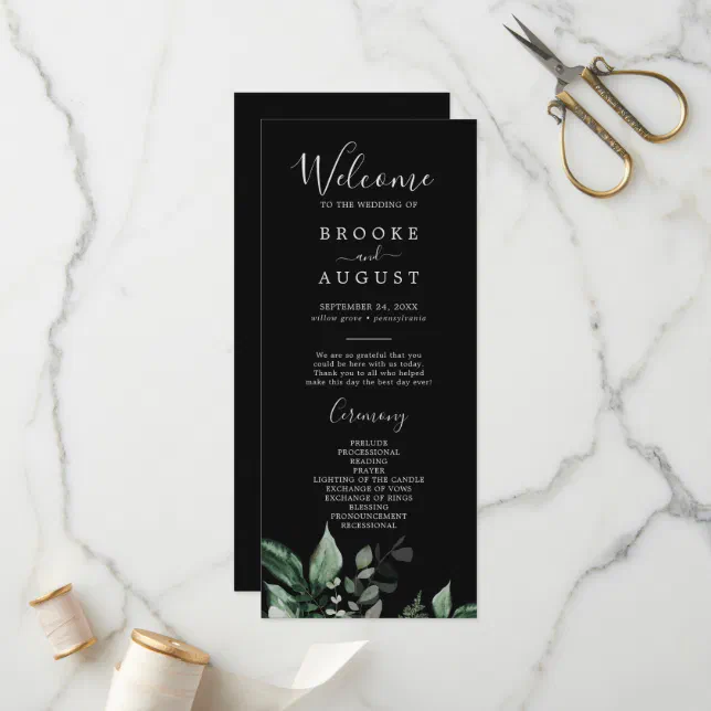 Emerald Greenery | Black Wedding Program | Zazzle