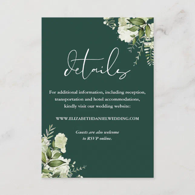 Emerald Greenery Floral Wedding Details Enclosure Card | Zazzle