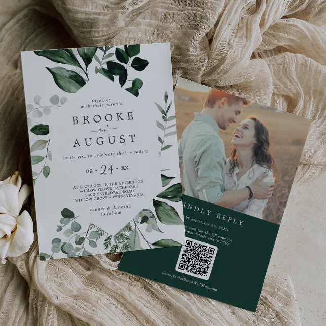 Emerald Greenery Photo QR Code Back Wedding Invitation | Zazzle