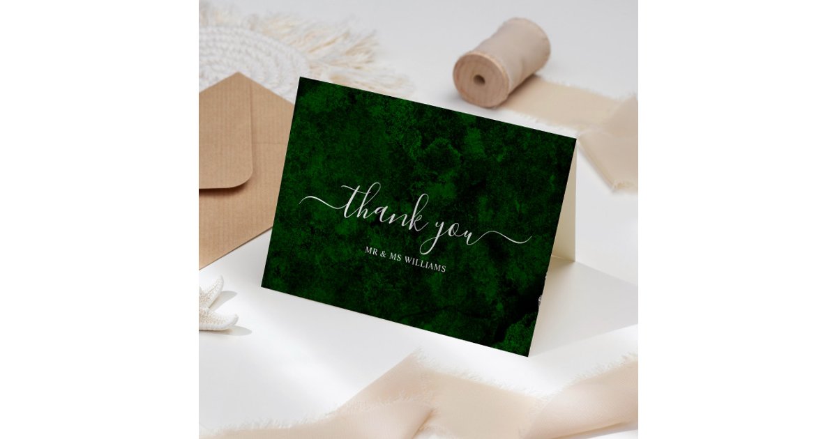 Emerald Greenery & Silver Calligraphy Thank You Card | Zazzle